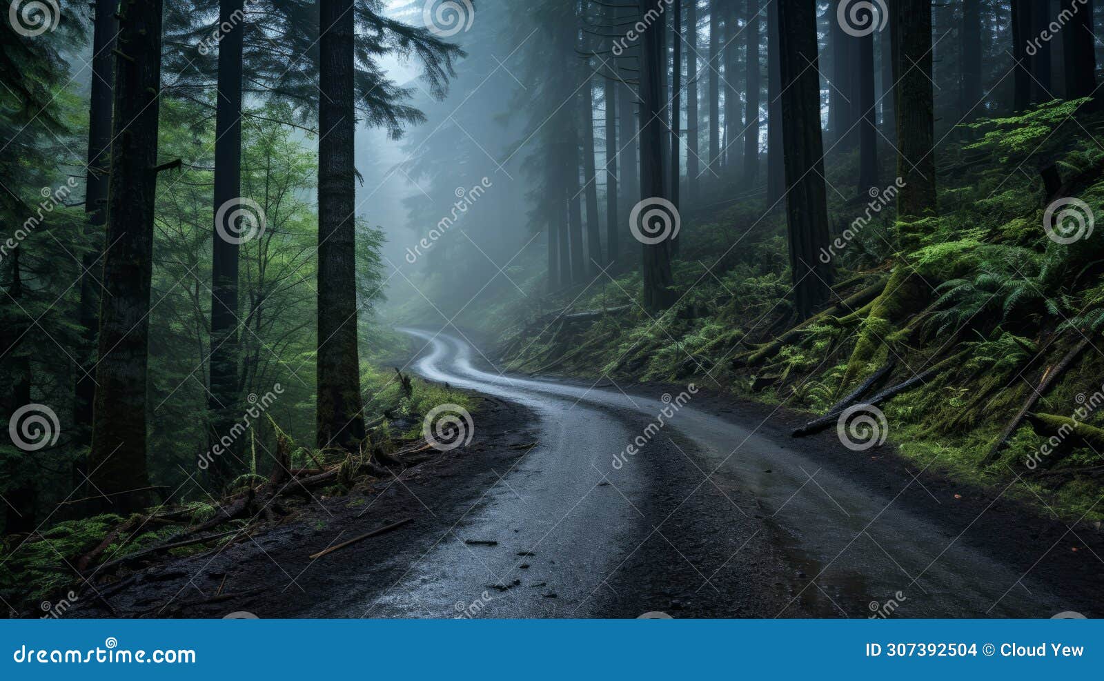 A Road through a Mystical, Mist Shrouded Forest Stock Illustration ...