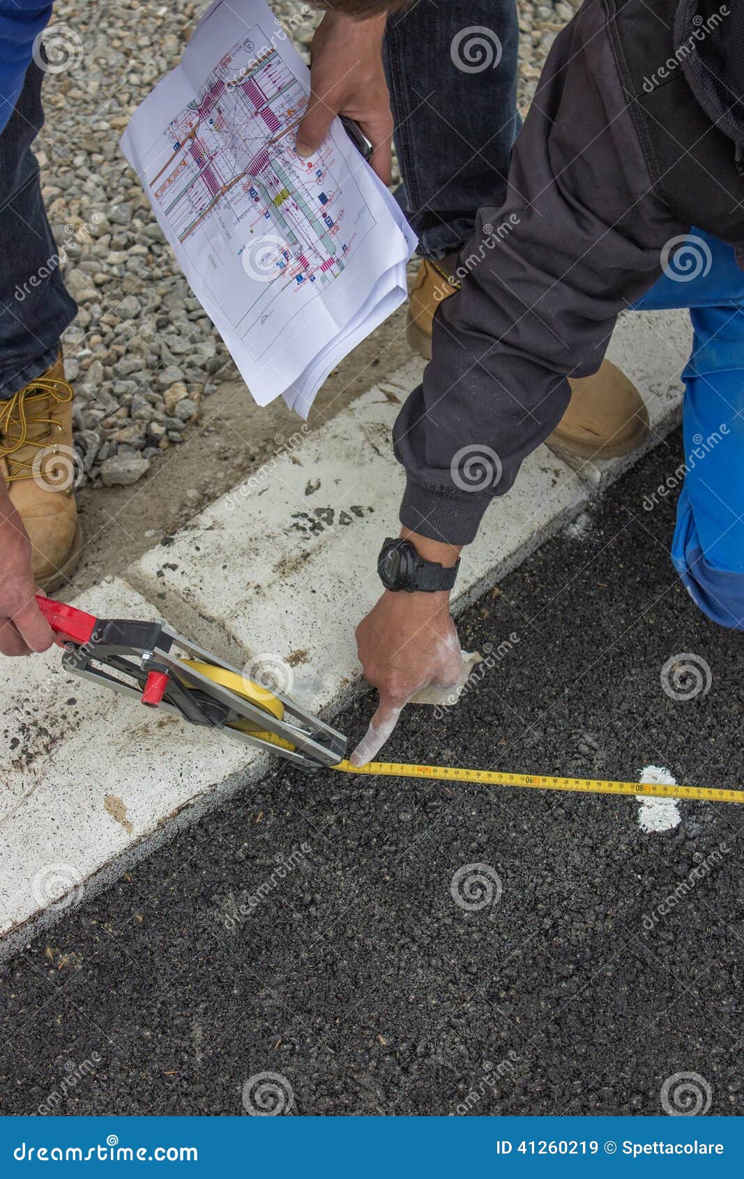 Road Paint Workers with Measuring Tape Stock Image - Image of marking ...