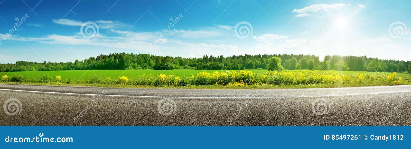 Road Panorama on Sunny Spring Day Stock Image - Image of panoramic ...