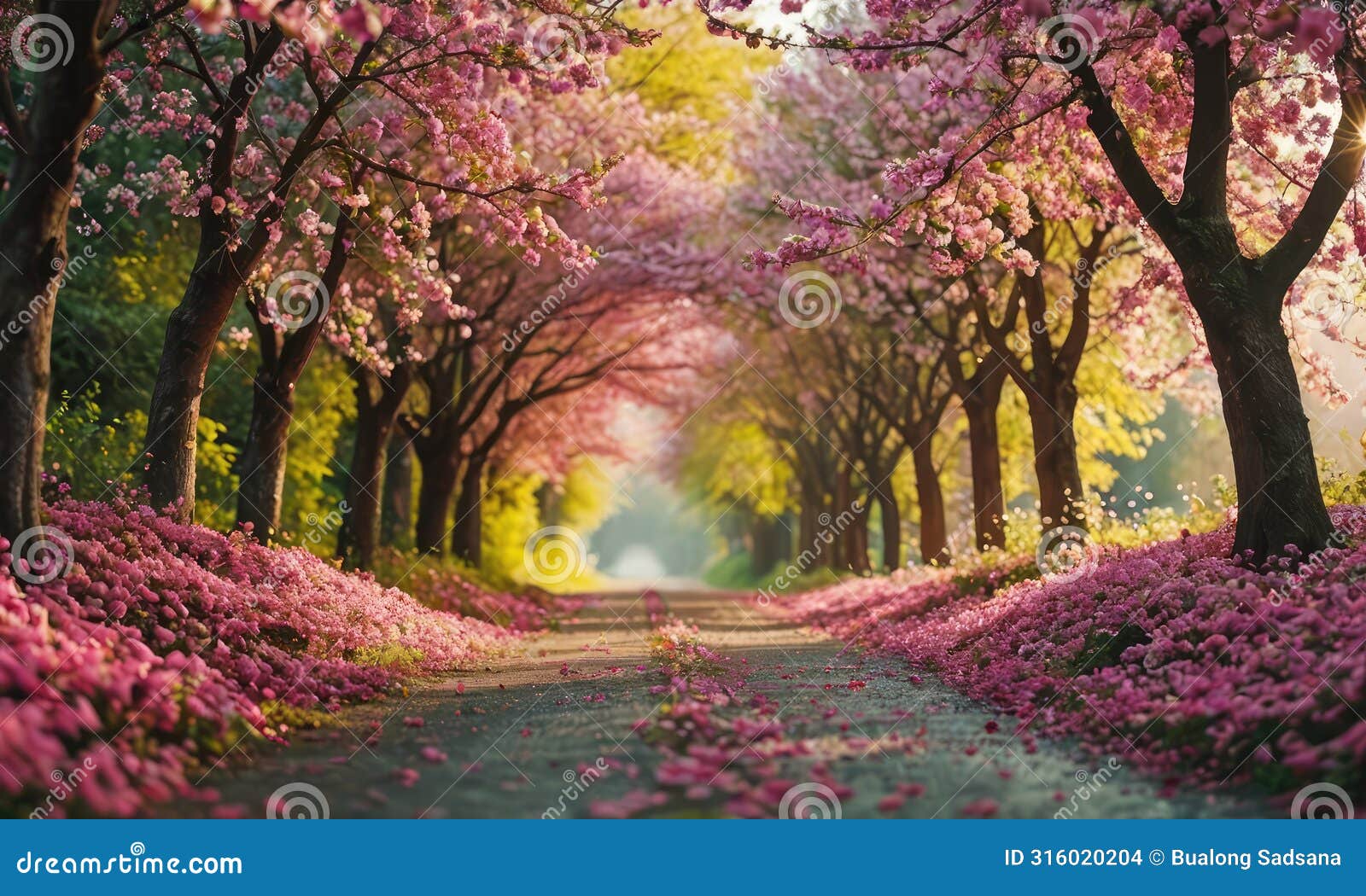 A Road with Pink Flowers on Either Side is Shown in this Image. Stock ...