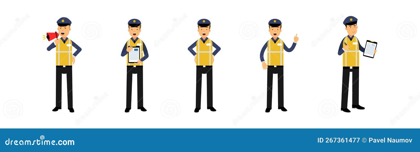Road Policeman Wearing Vest and Cap in Different Pose Vector Set Stock ...