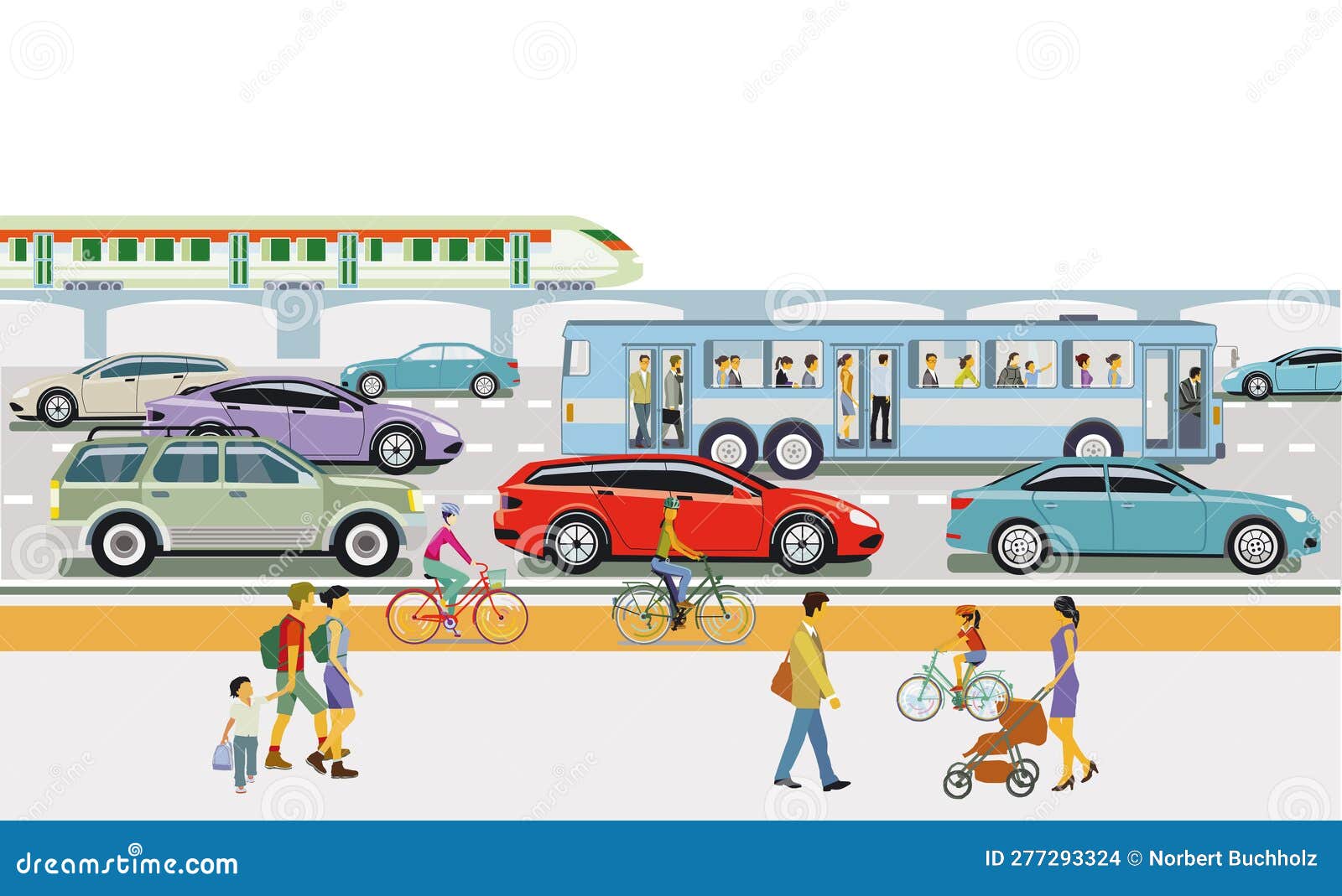 Road and Rail Transport, Bus Transport with People , Illustration Stock ...