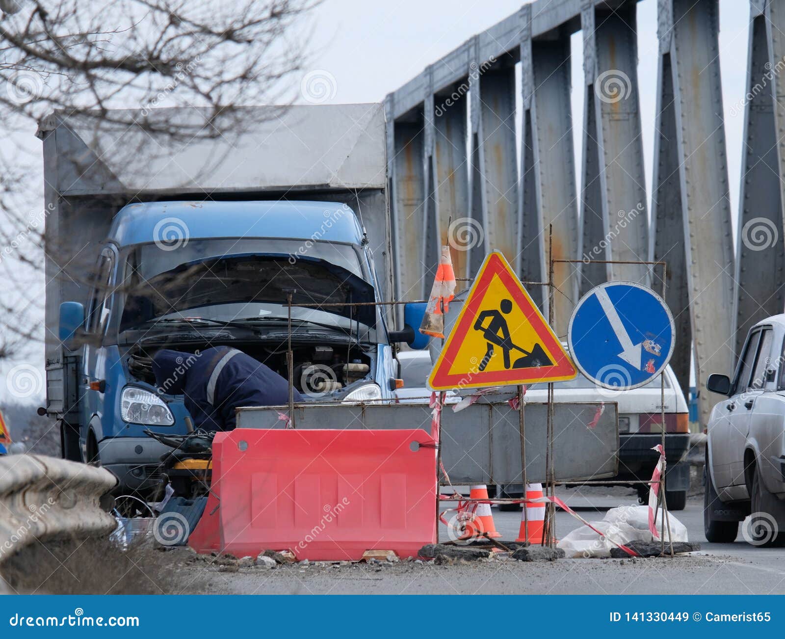 Road Repair on the Bridge in Winter Stock Image - Image of cold, bridge ...