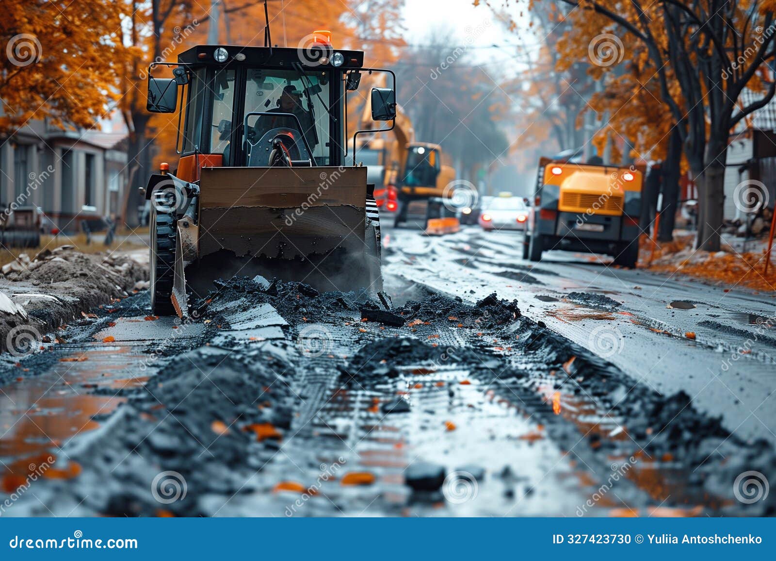 Road Repair Works. Work on Laying an Asphalt Road Stock Illustration ...