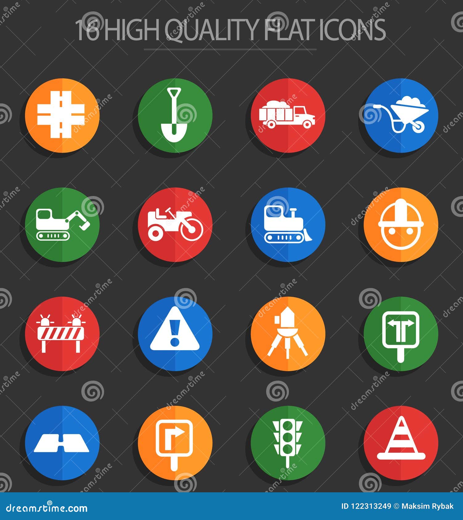 Road repairs 16 flat icons stock vector. Illustration of traffic ...