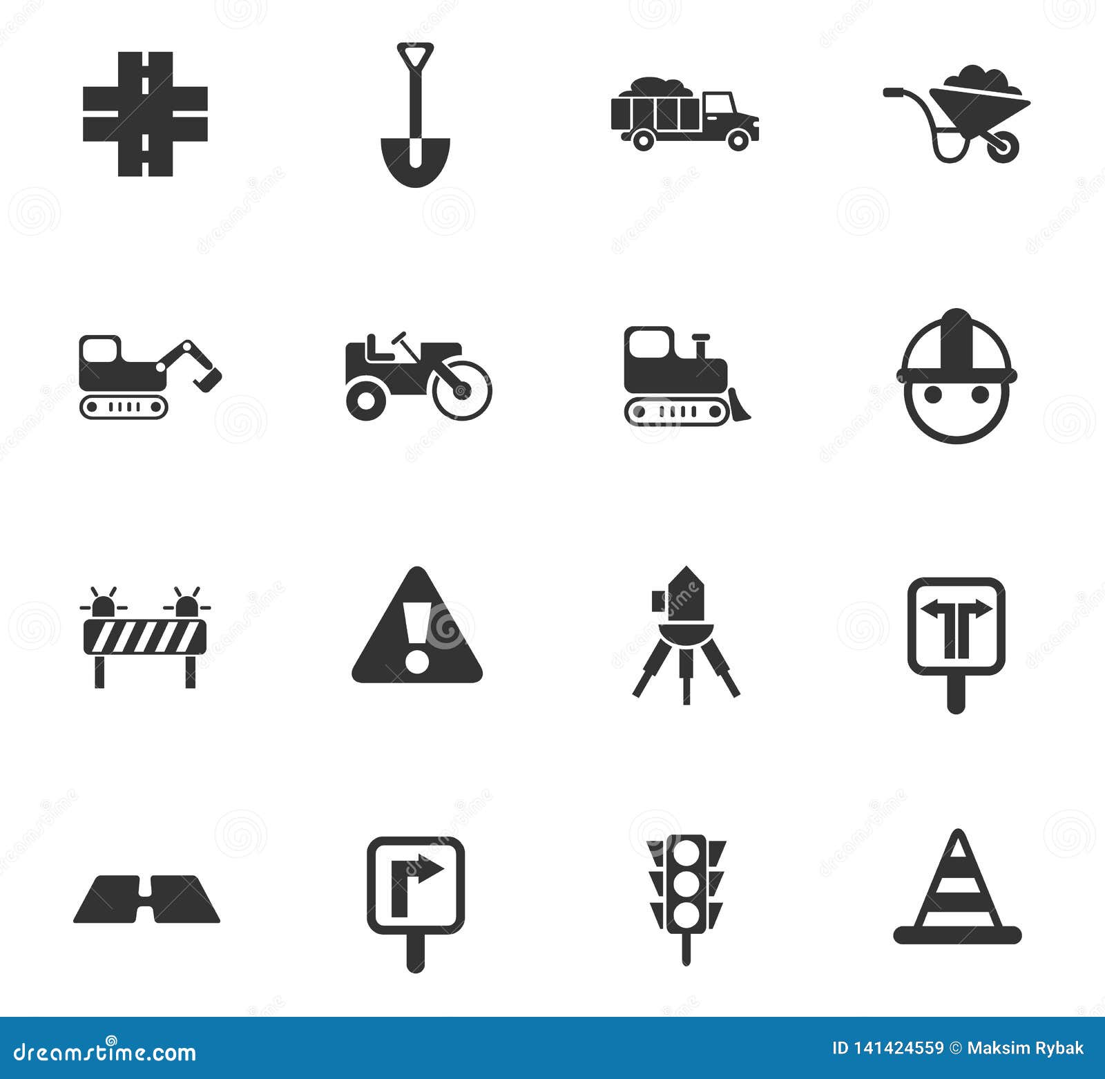 Road repairs icon set stock vector. Illustration of excavator - 141424559