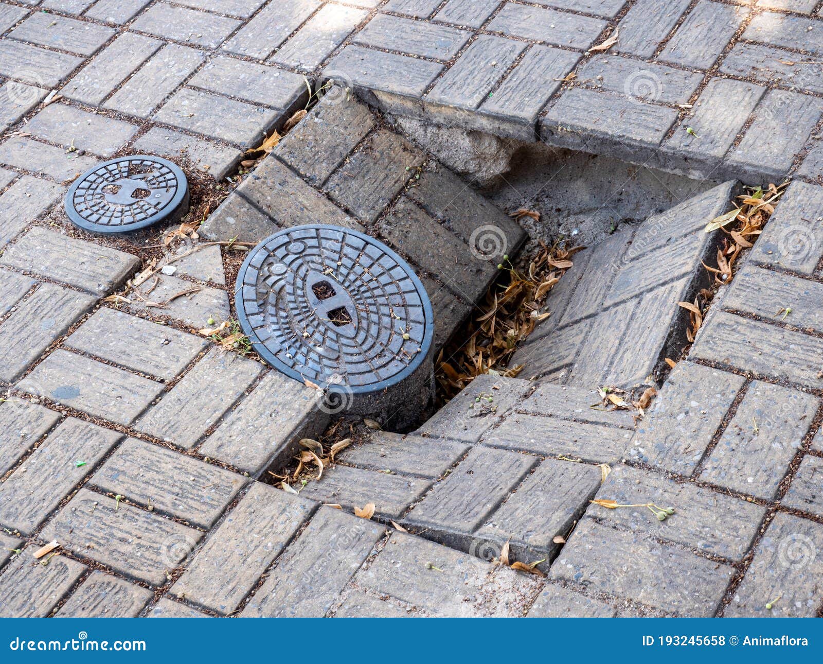 Road with road damage hole stock photo. Image of driveway - 193245658