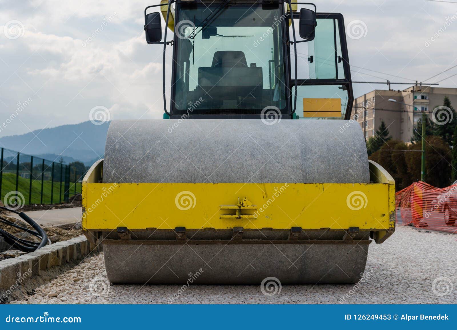 Road Roller Front View on Construction Site Stock Image - Image of ...