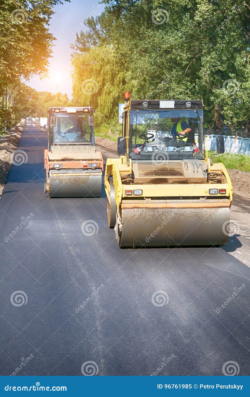 Road rollers at asphalt stock image. Image of pavement - 96761985