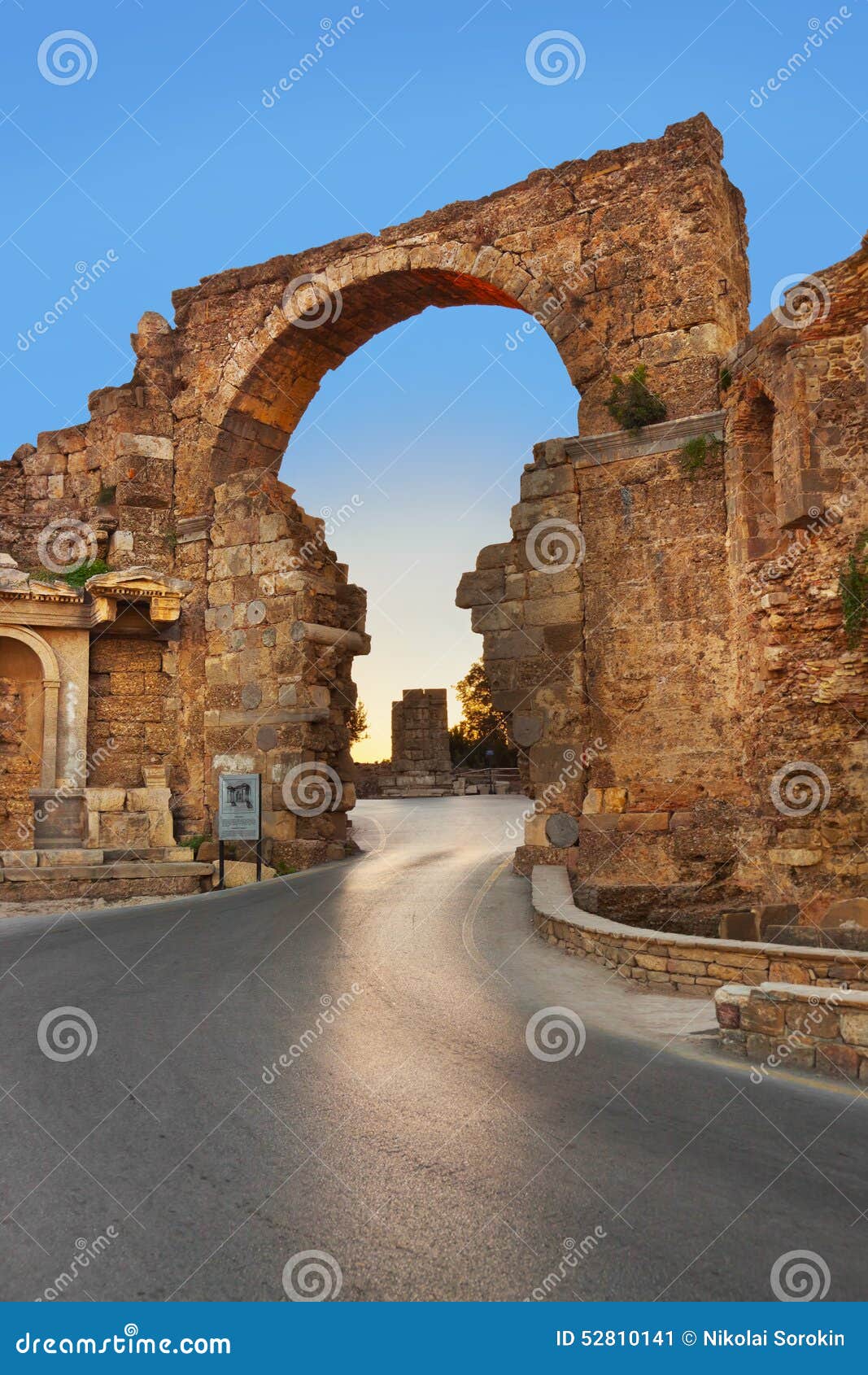 Road and Ruins in Side, Turkey at Sunset Stock Image - Image of hole ...