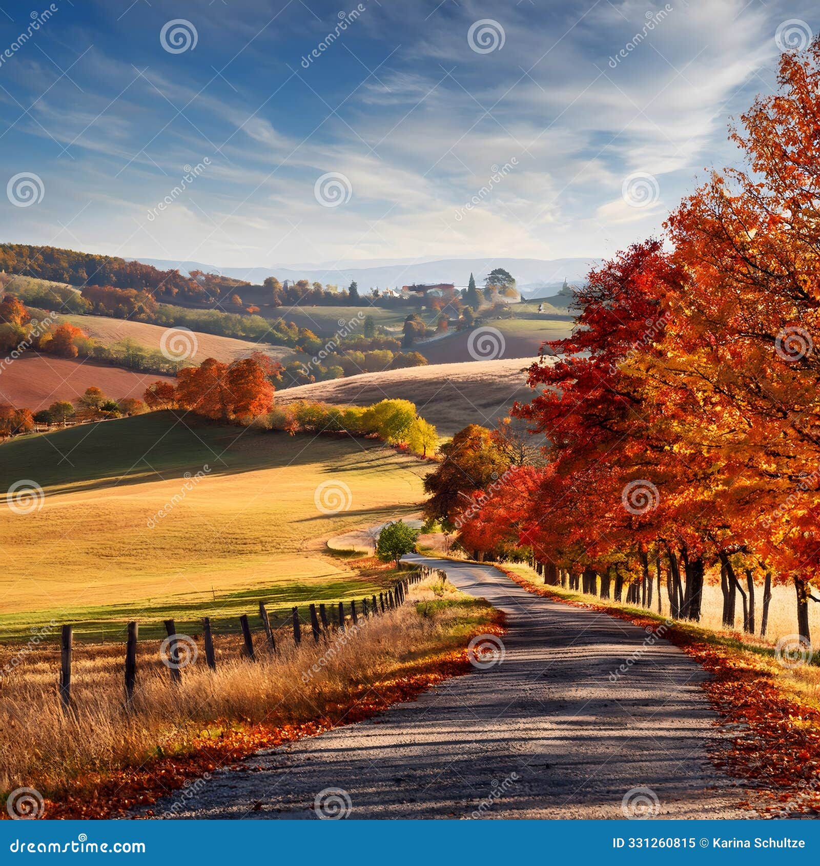A Road Runs through a Field of Autumn Leaves Stock Illustration ...