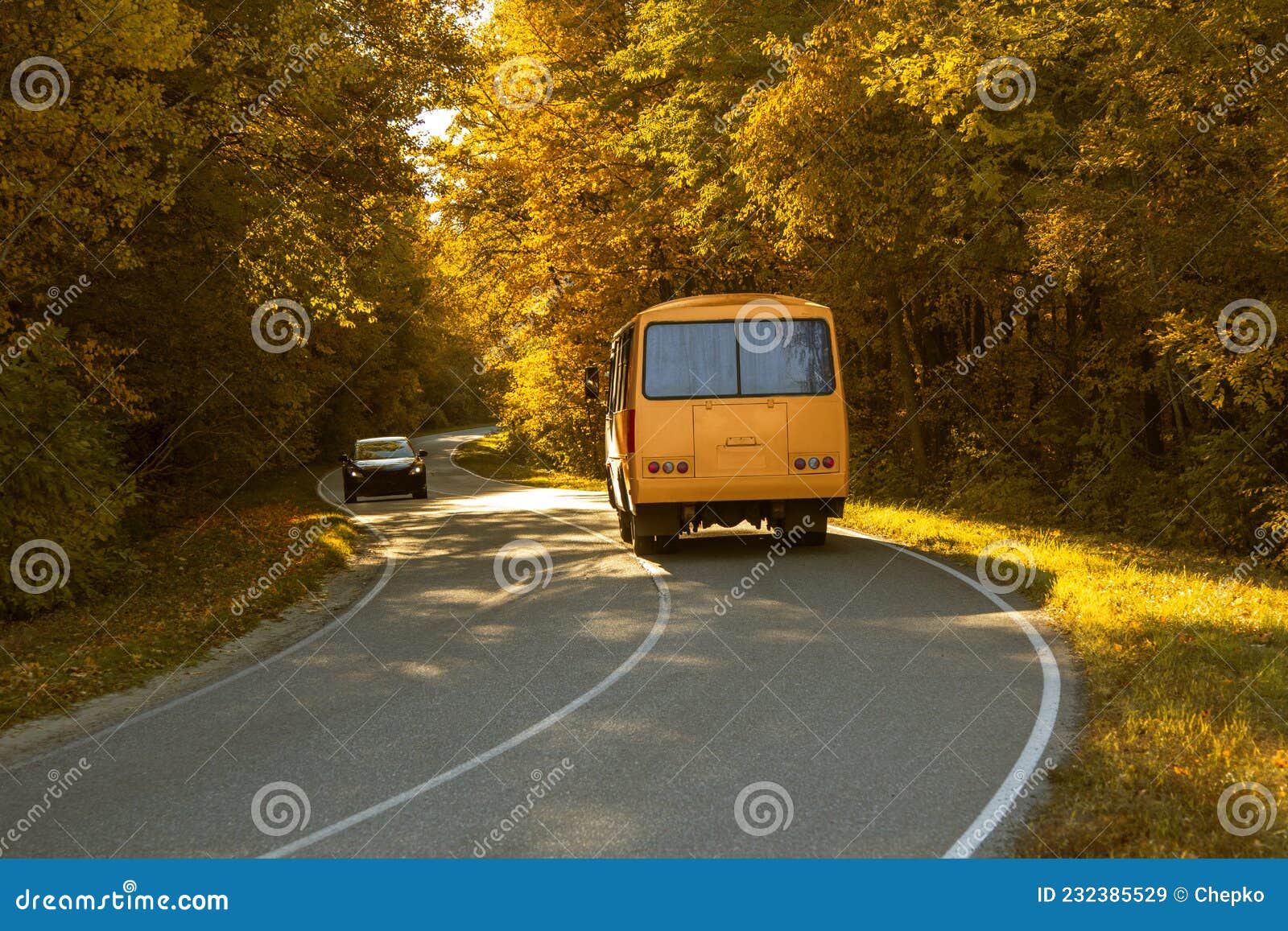 Road with School Bus in Beautiful Autumn Forest at Sunset Stock Image ...