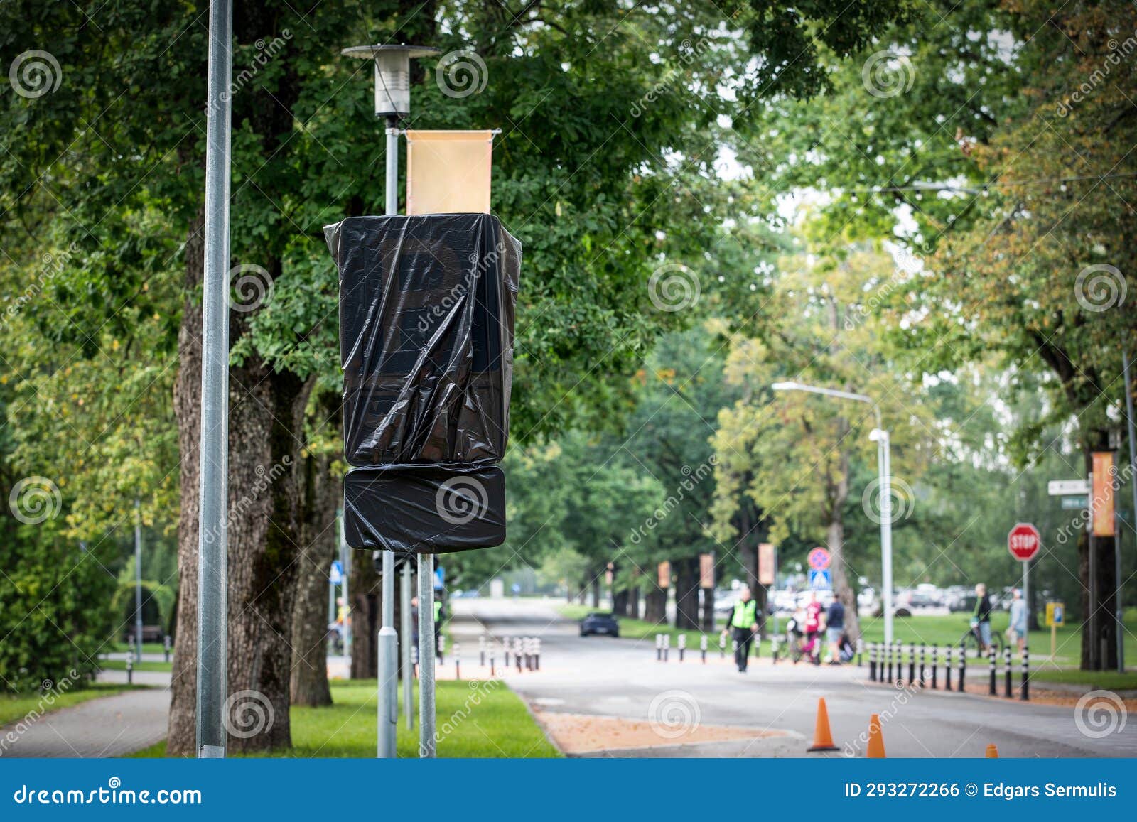 Road Sign Covered with a Garbage Bag Stock Photo - Image of safety ...