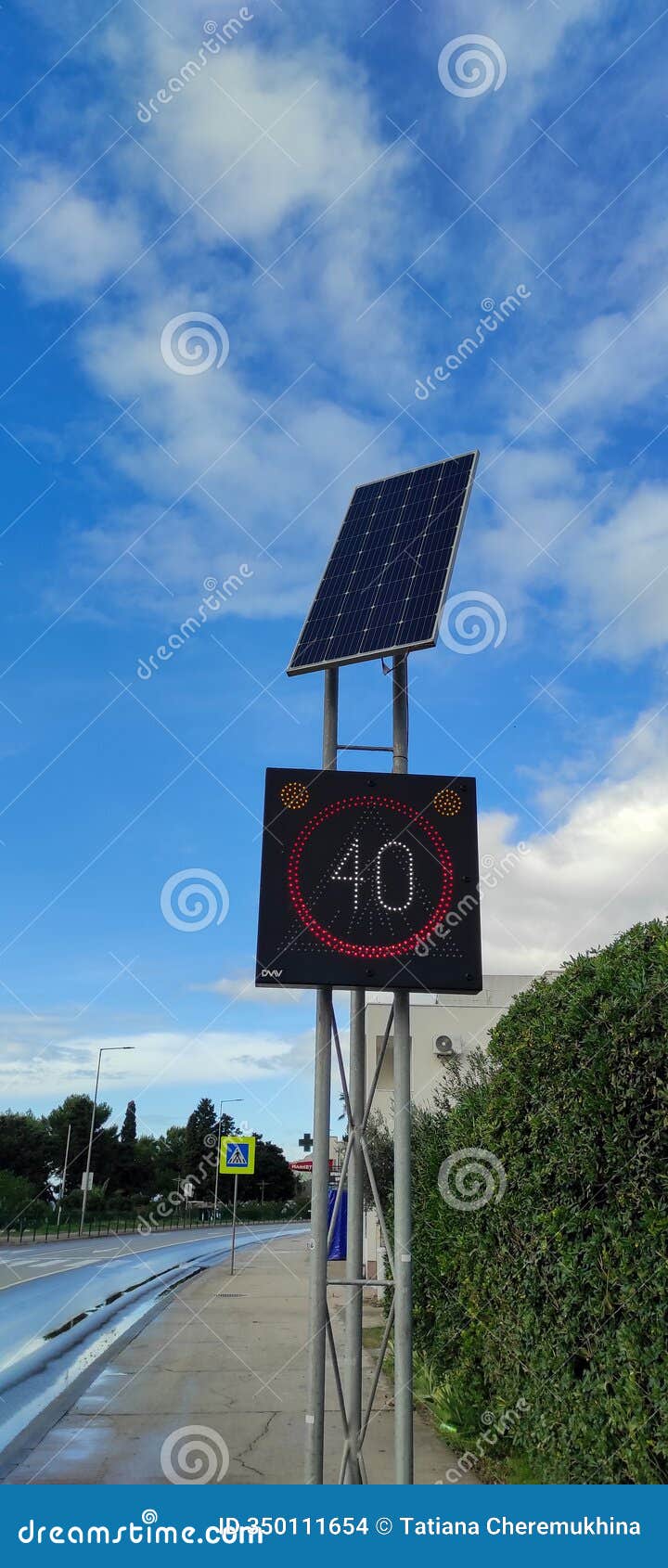 A Road Sign Equipped with an LED Display and a Solar Panel, Installed ...