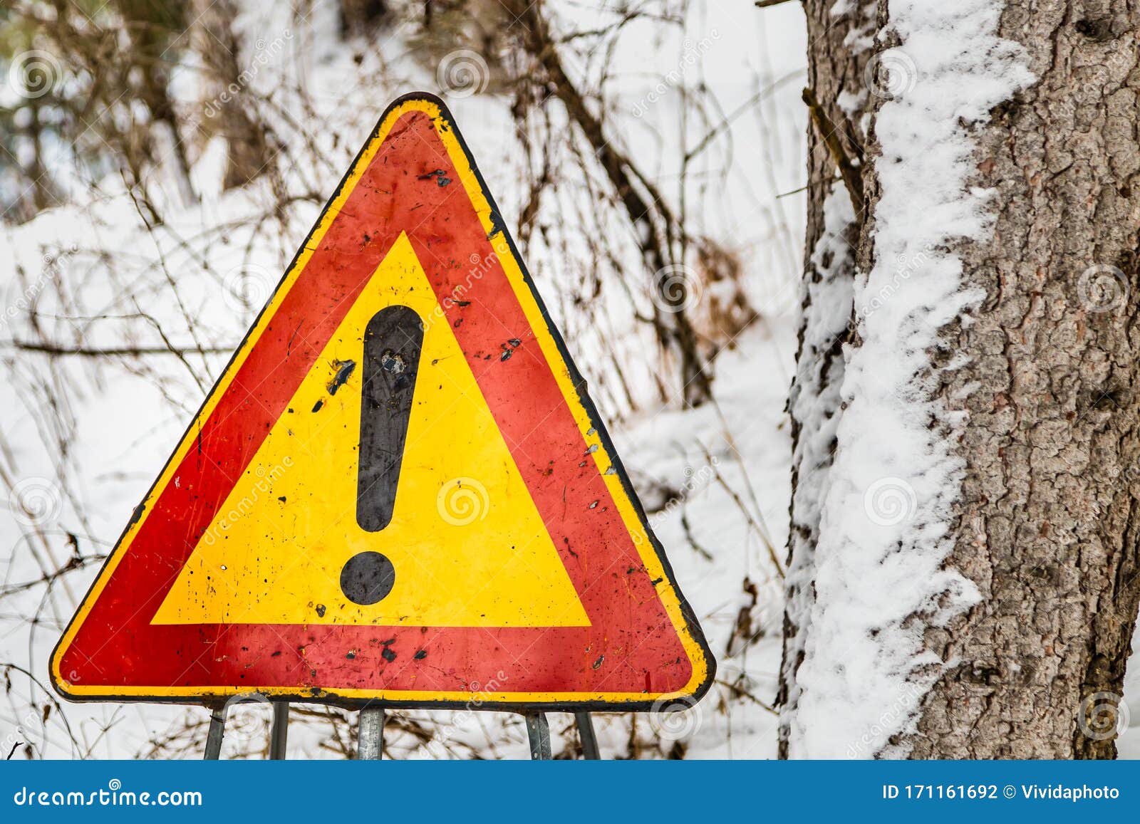 Road Sign with Exclamation Mark Stock Photo - Image of weathered, road ...
