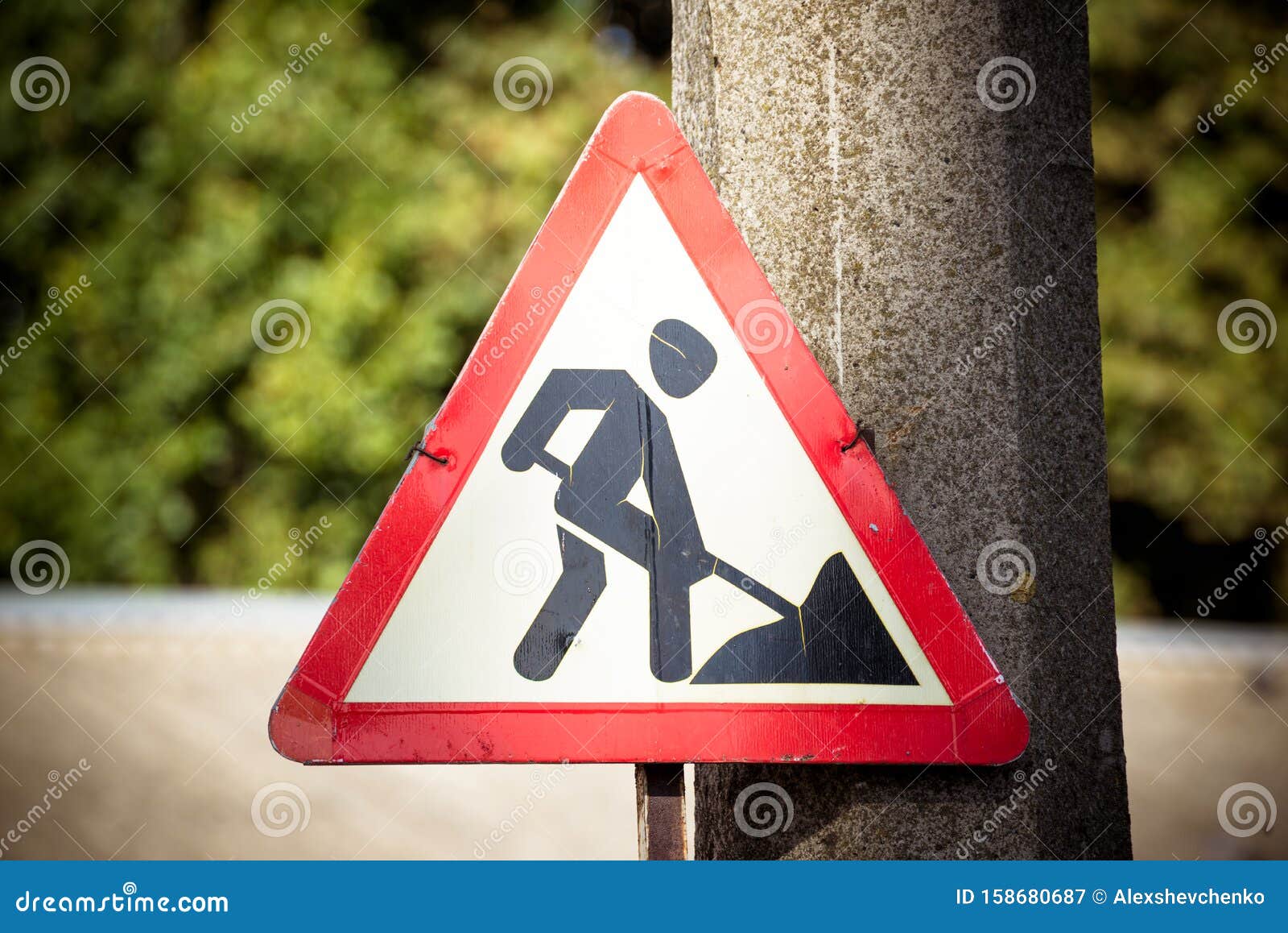 Road Sign on a Pillar, Warning Sign Stock Image - Image of caution ...