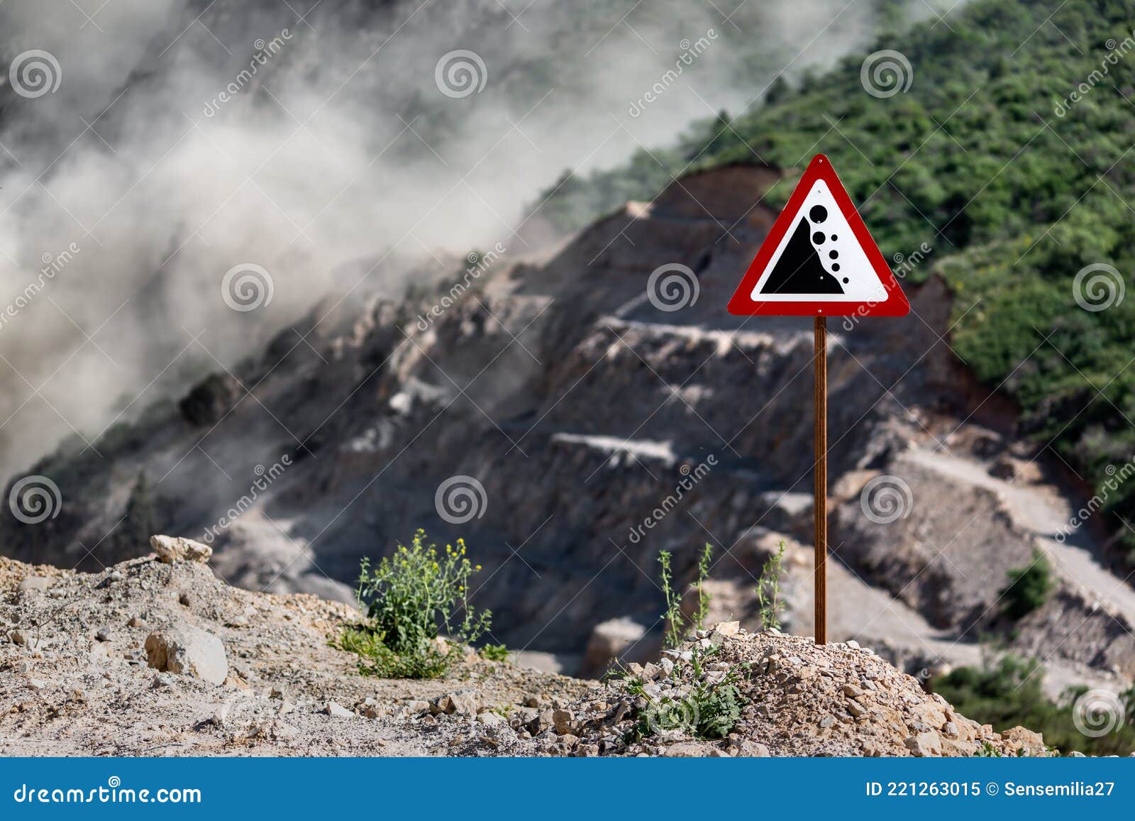 Road Sign Rockfall. Building a Road in the Mountains Stock Image ...