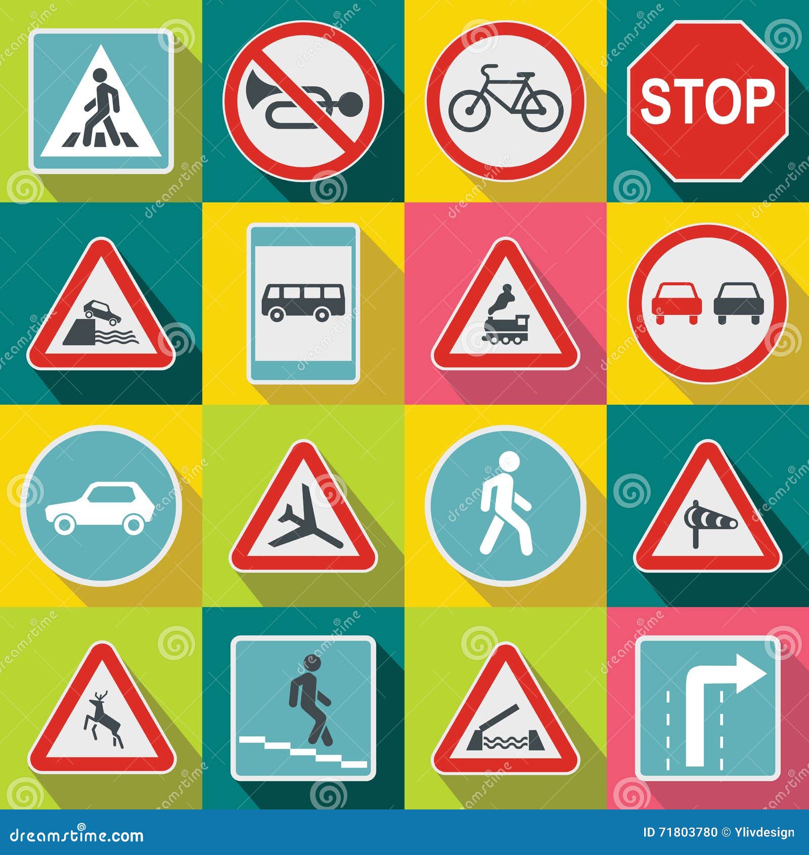 Road Sign Set Icons, Flat Style Stock Vector - Illustration of flat ...