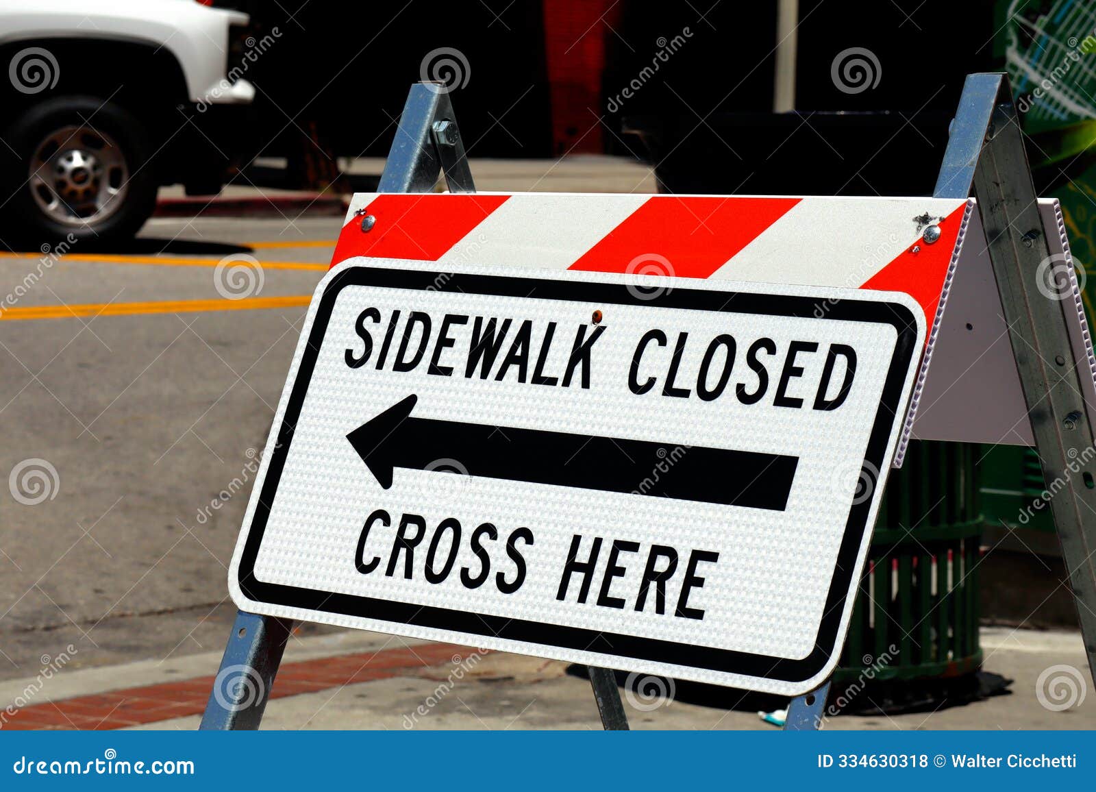 Sidewalk Closed Sign On A Pavement With Railing Stock Photo ...