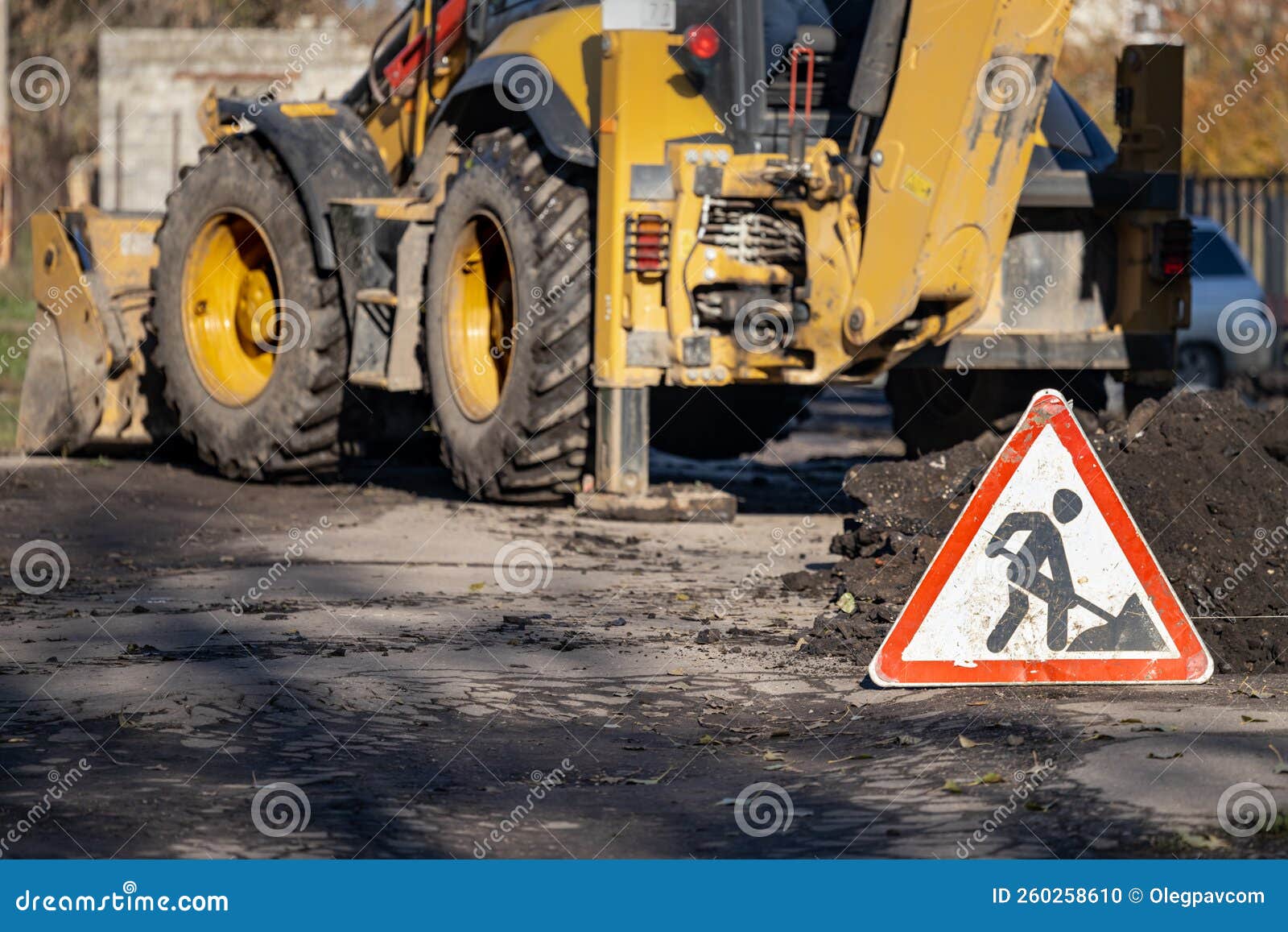 Road Sign Warning about Work on the Road Stock Photo - Image of tractor ...