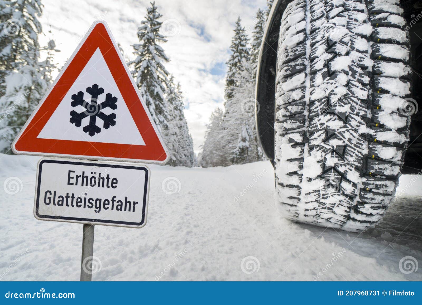 Road Sign Warns of Ice and Snow Stock Image - Image of covered, season ...