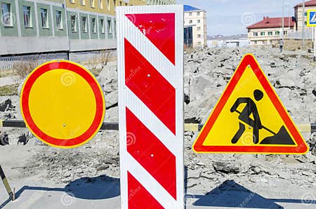 Road Signs at the Construction Site Stock Photo - Image of symbol ...