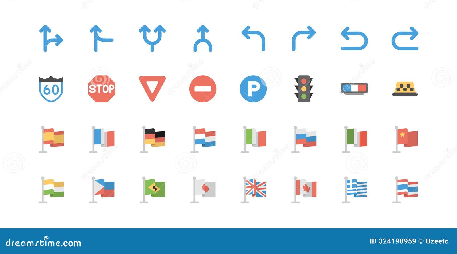 Road Signs and Flag Symbols Set Stock Vector - Illustration of message ...