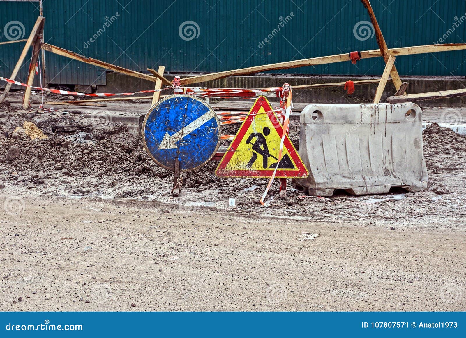 Road Works on the Road with Pit and Road Signs Stock Image - Image of ...