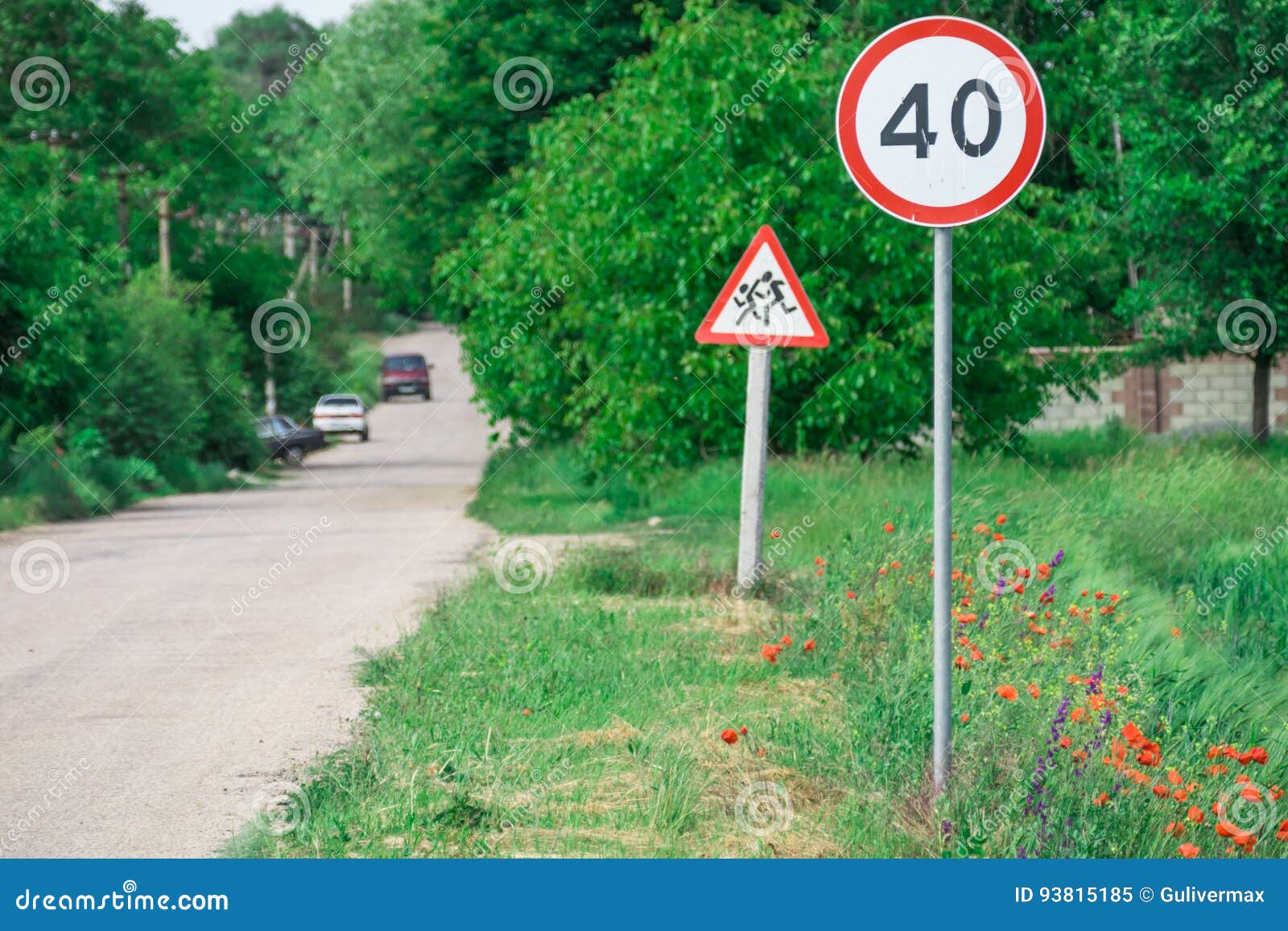 Road signs on the roadside stock image. Image of country - 93815185