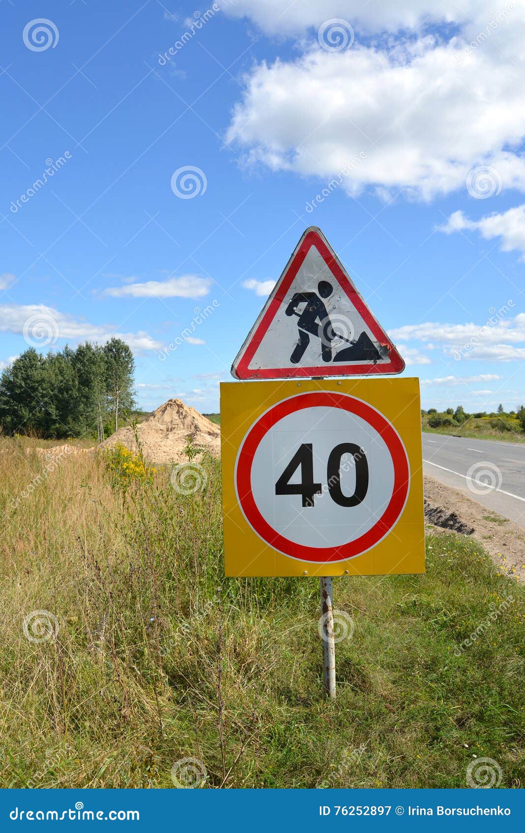 Road Signs Roadwork and Restriction of Maximum Speed of 40 Km Stock ...