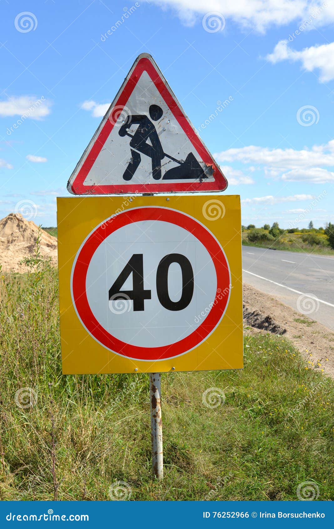 Road Signs "Roadwork" and "Restriction of Maximum Speed of 40 Km" Stock ...