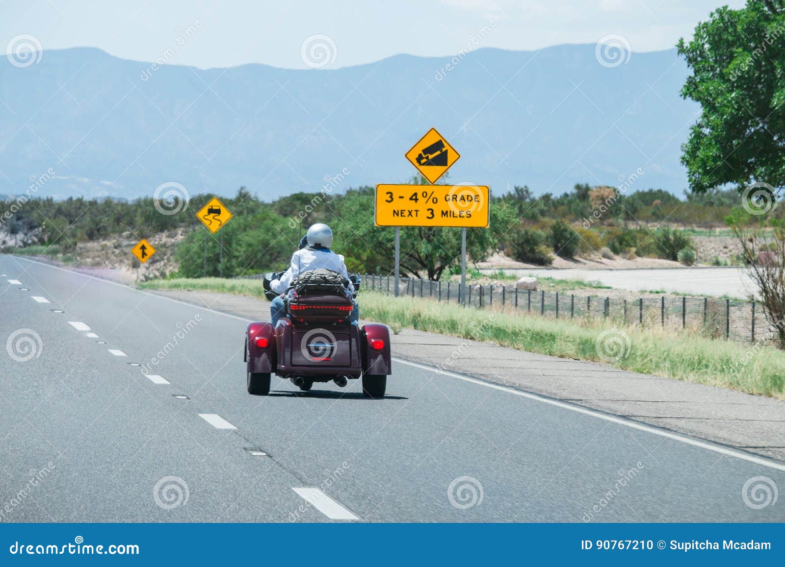 Road Signs and Three Wheeled Motorcycle. Stock Photo - Image of ...