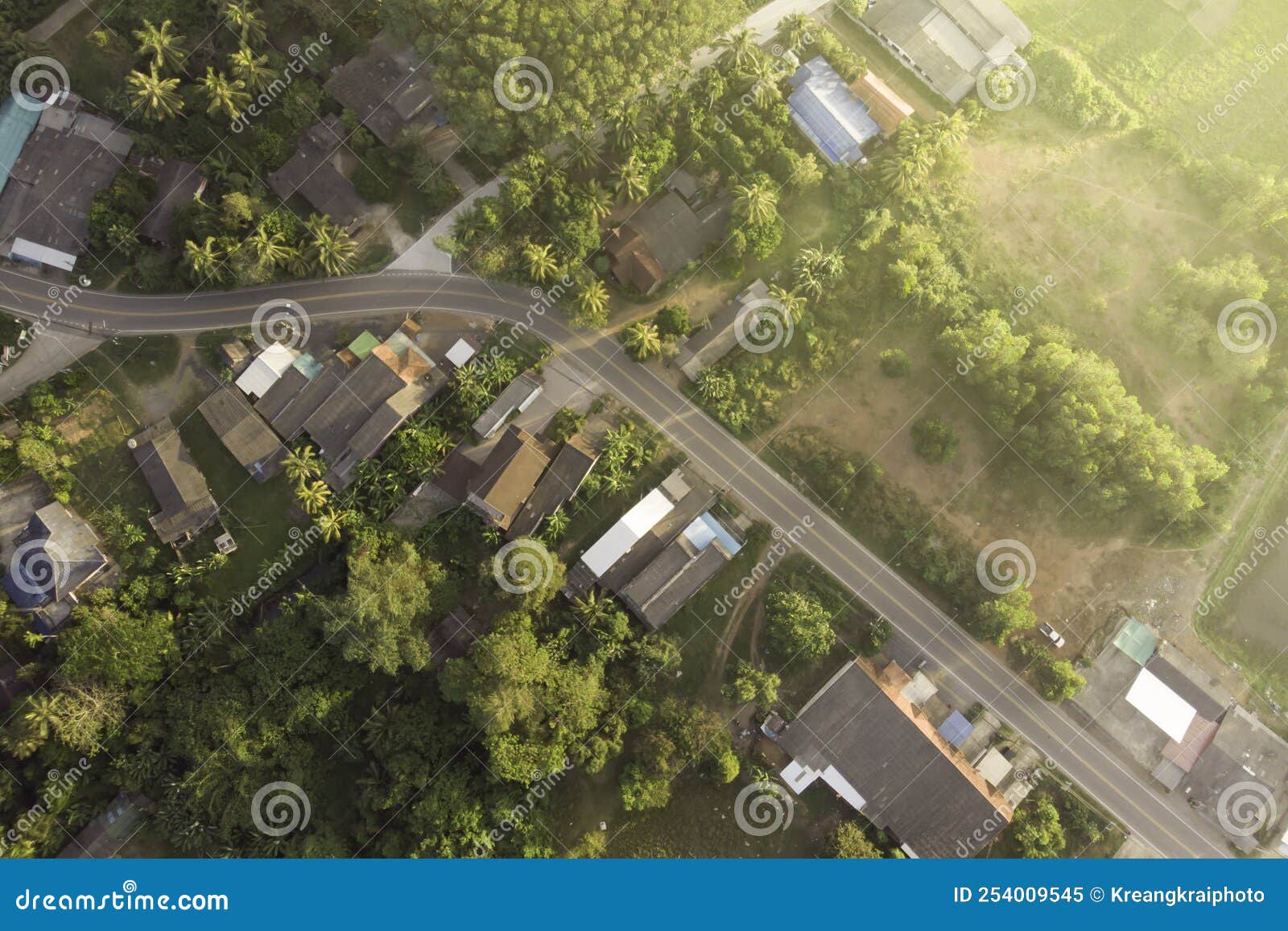 Road and Small Town at Sunrise Aerial View Stock Image - Image of green ...