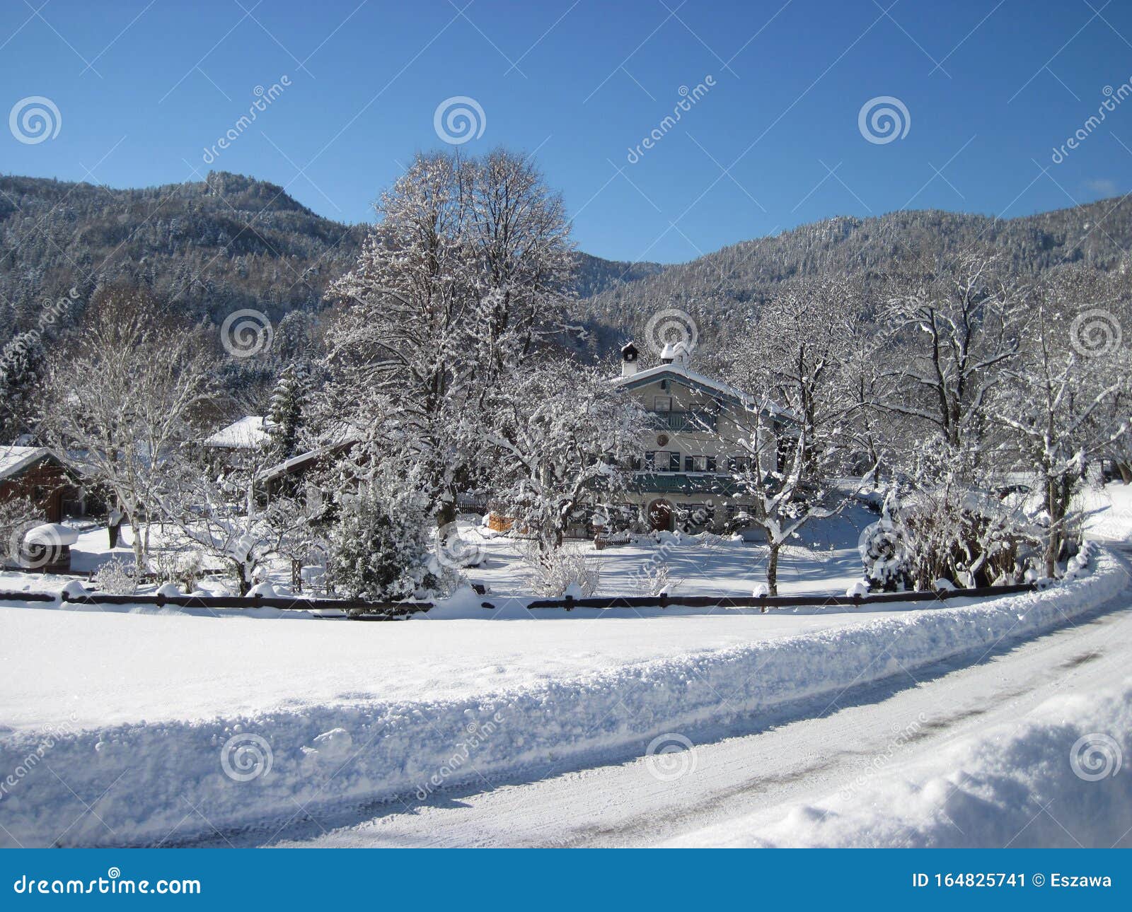 Road in Snow and Houses in Winter Landscape Stock Image - Image of ...
