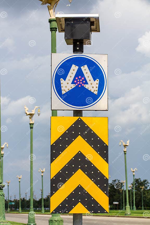 Road Split Sign with Led Light and Solar Cell Stock Image - Image of ...