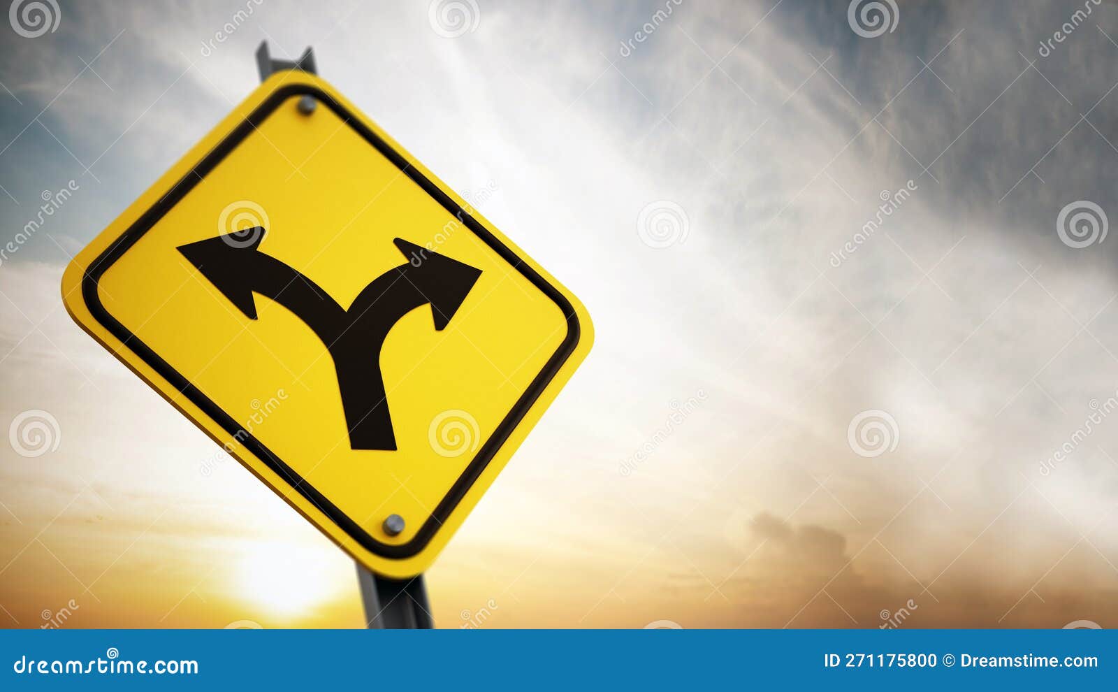 Road Split Sign on Setting Sun Background. Decisions Concept Stock ...