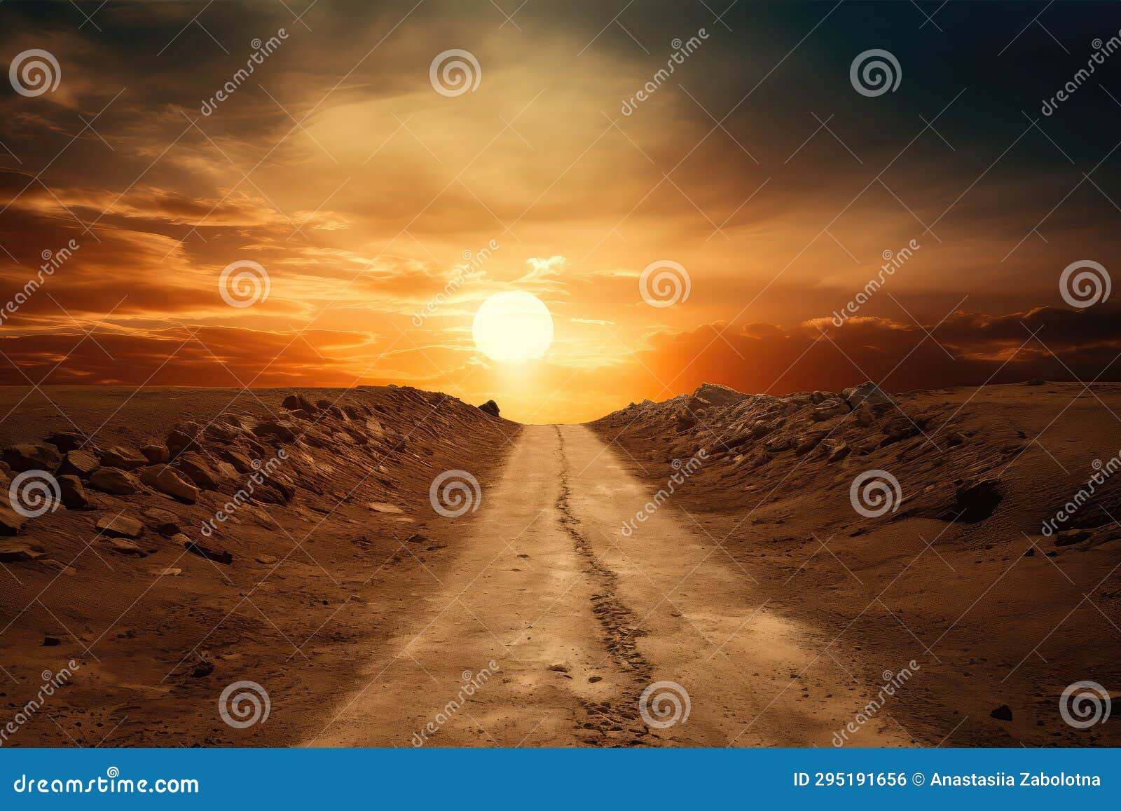 Road Splitting into Sandy Path Leading To the Sun in the Background ...