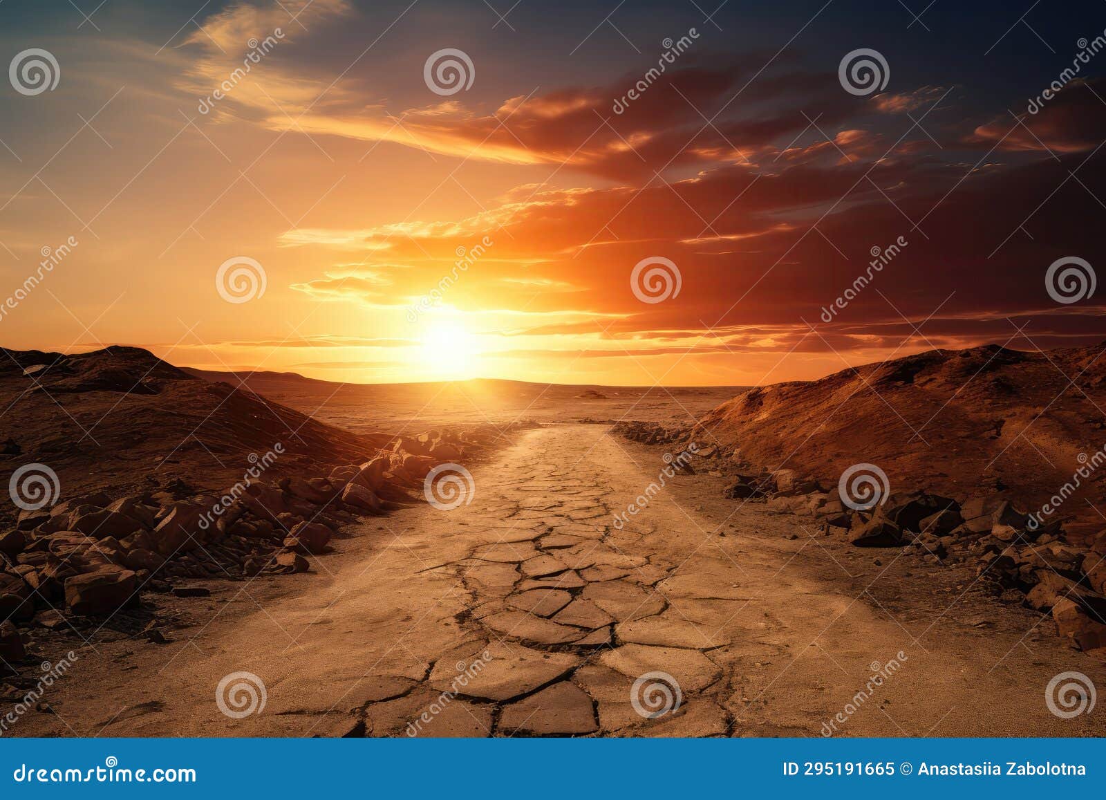 Road Splitting into Sandy Path Leading To the Sun in the Background ...
