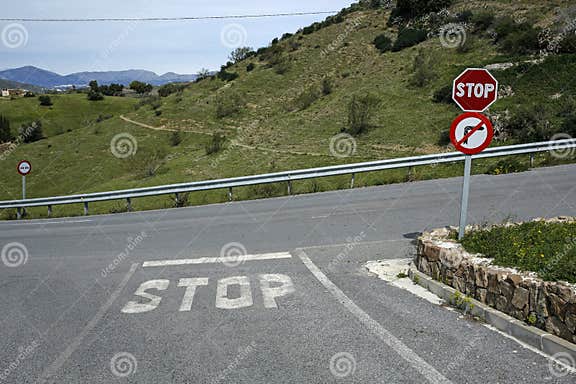 Road with Stop and No Turn Right Signs Stock Photo - Image of stop ...