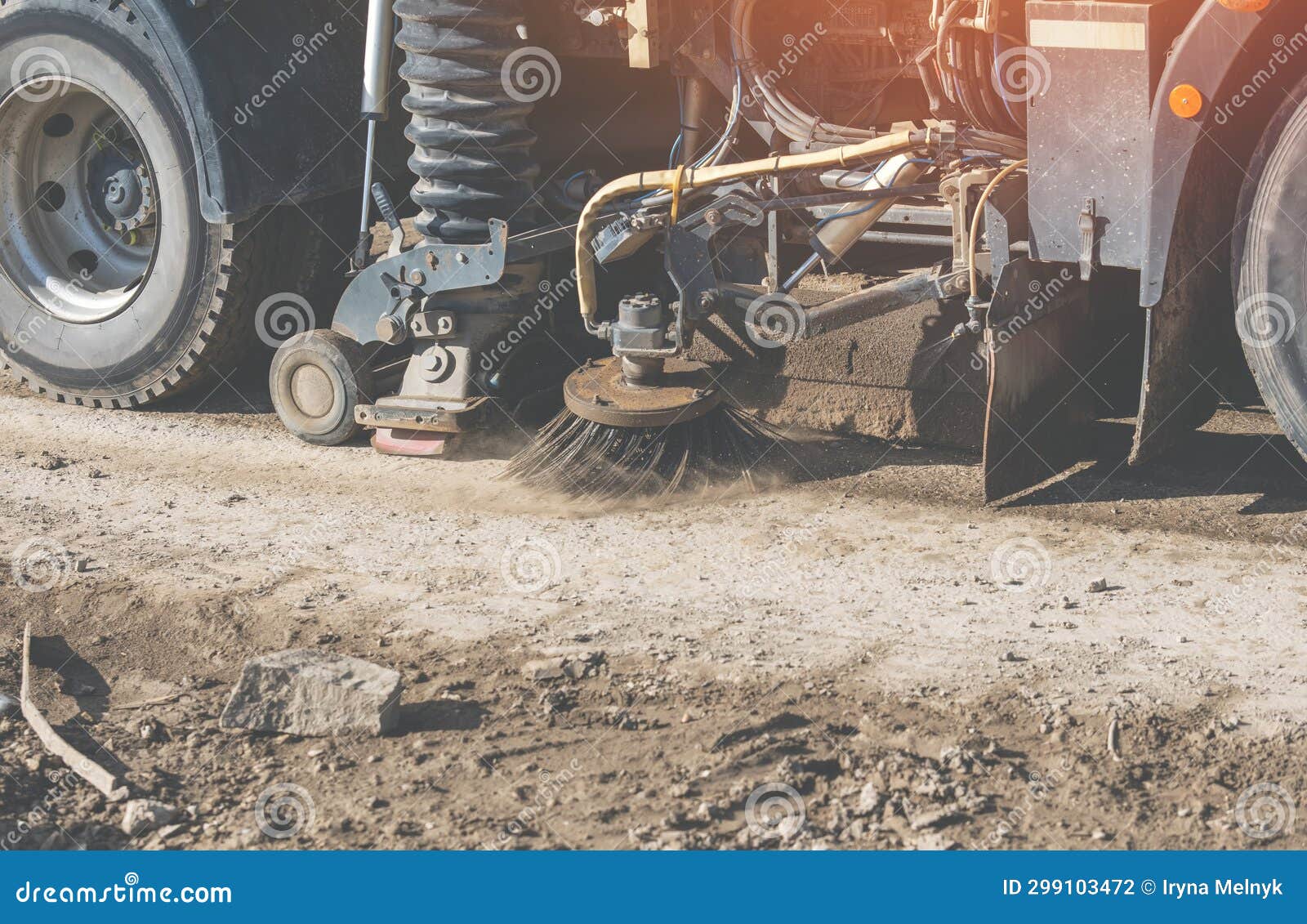 Road Sweeper Cleaning Road Next To Construction Site Toned Image Stock ...