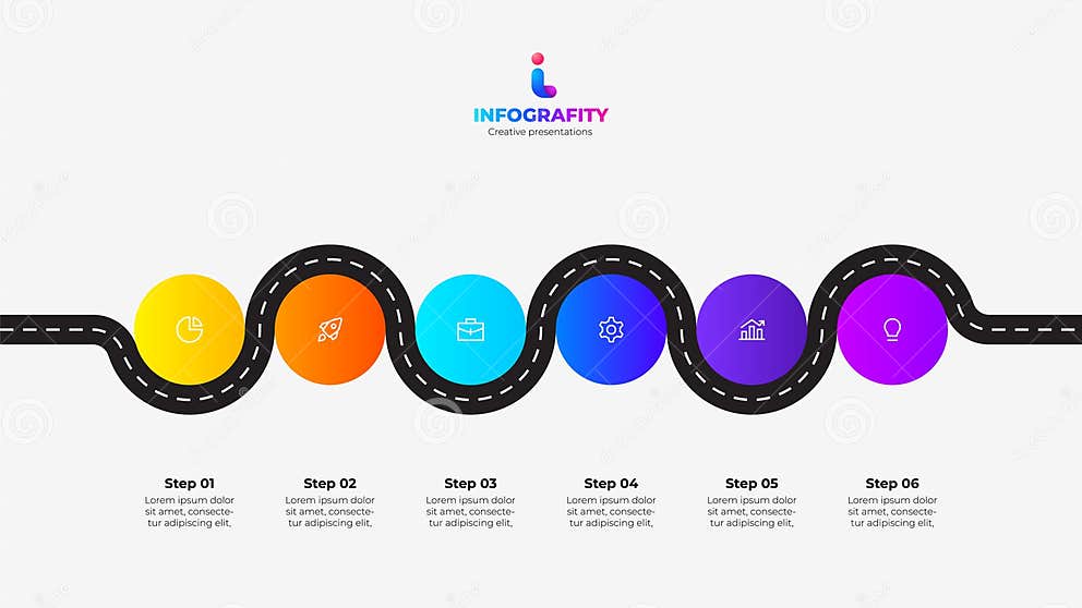 Road Timeline Infographic with 6 Steps, Options or Processes Stock ...
