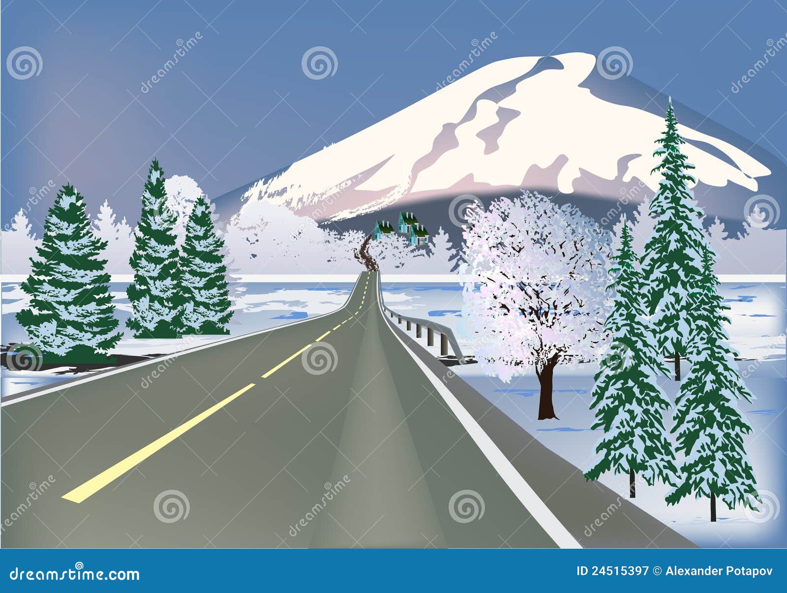 Road To Snow Mountain Illustration Stock Vector - Illustration of rural ...