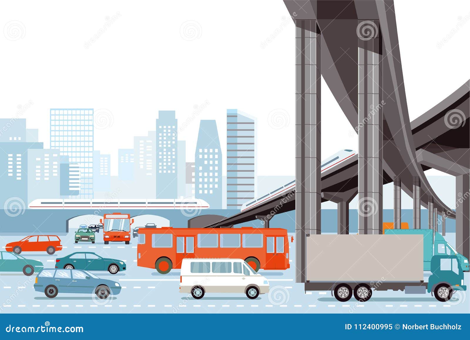 Road Traffic and Elevated Train Stock Vector - Illustration of artwork ...
