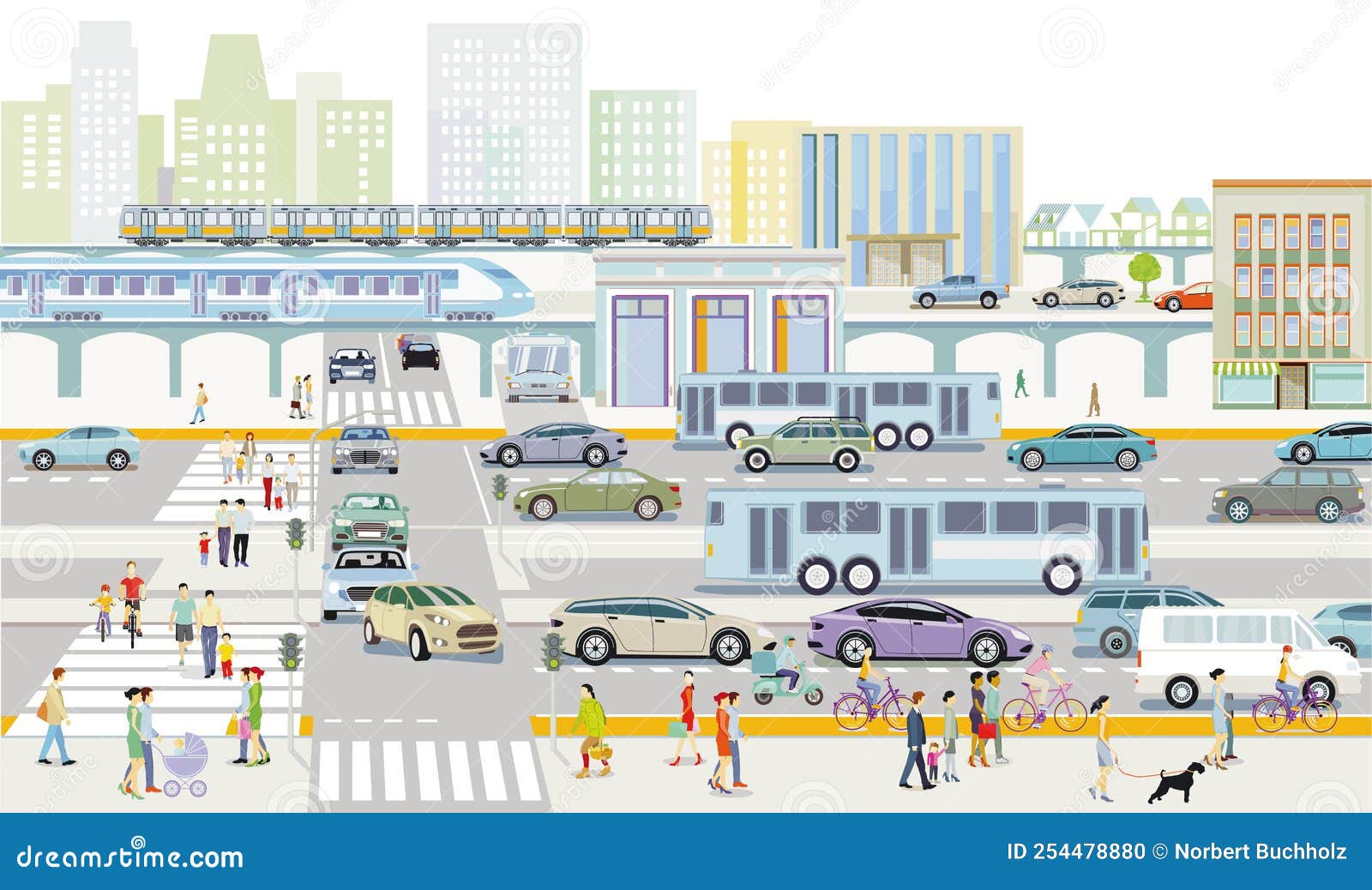 Road Traffic with Express Train, Bus and Elevated Train Illustration ...
