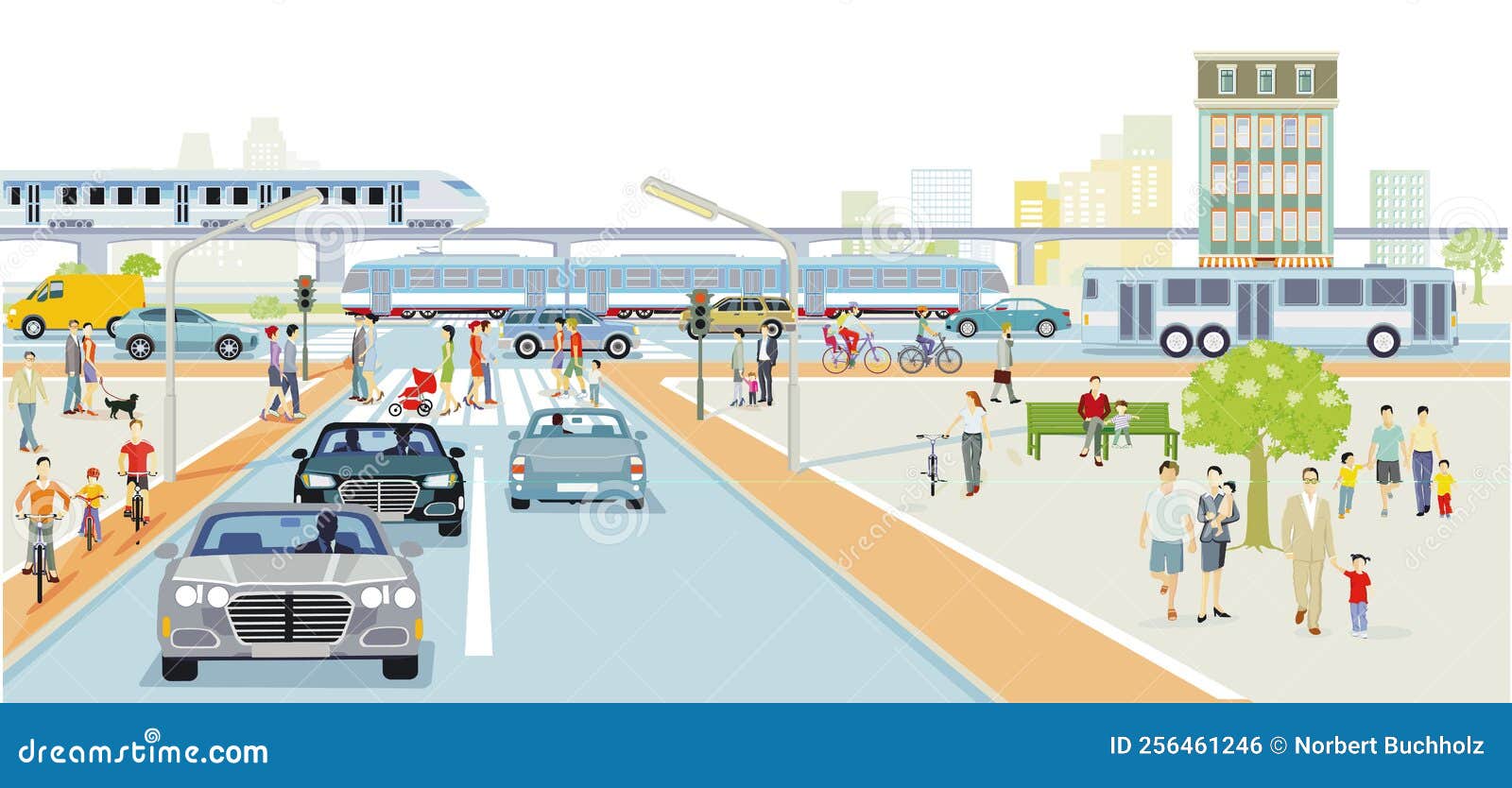 Road Traffic with Express Train, Bus and Tram, Illustration Stock ...