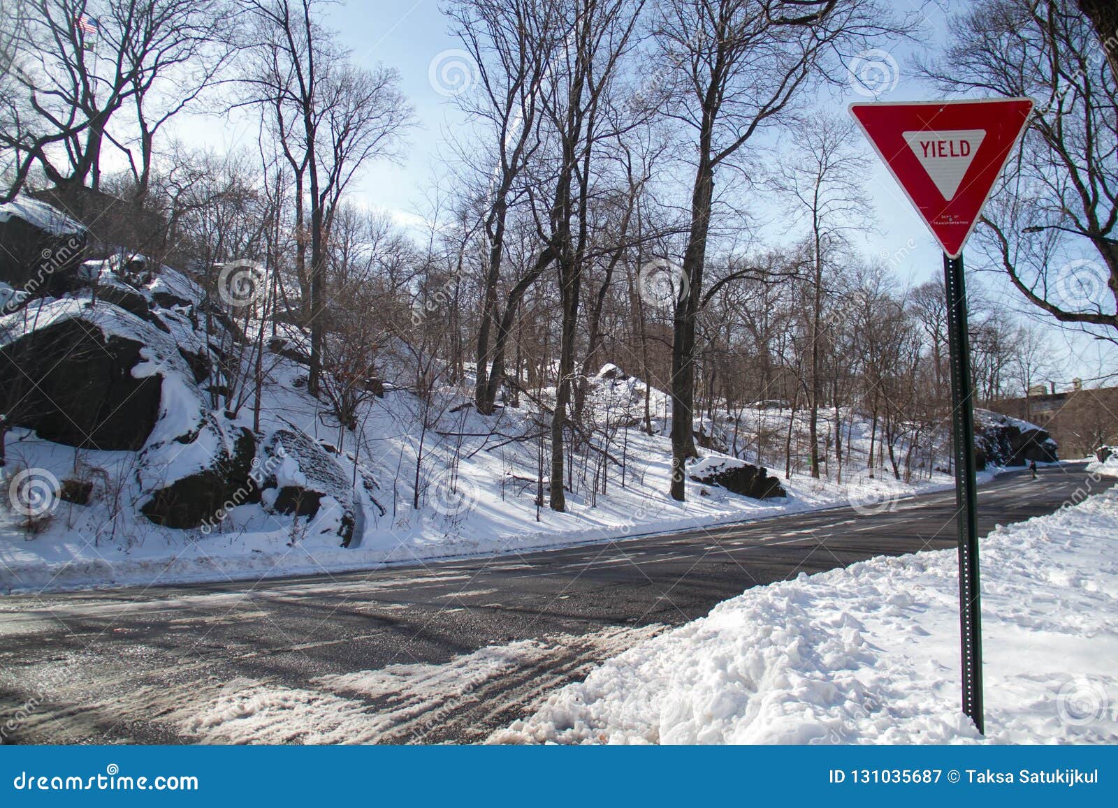 Road and Traffic Sign on Snow at Park, Central Park Stock Image - Image ...