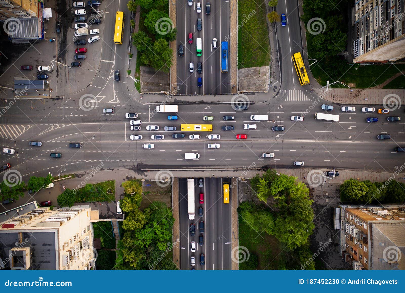 Road Traffic with Traffic Jam on a Highway Overpass, Top View. Two ...
