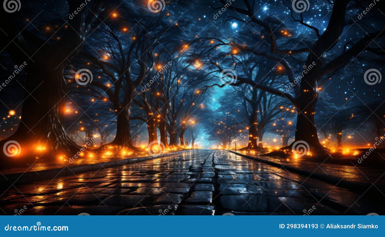 A Road with Trees and Lights on it Stock Illustration - Illustration of ...