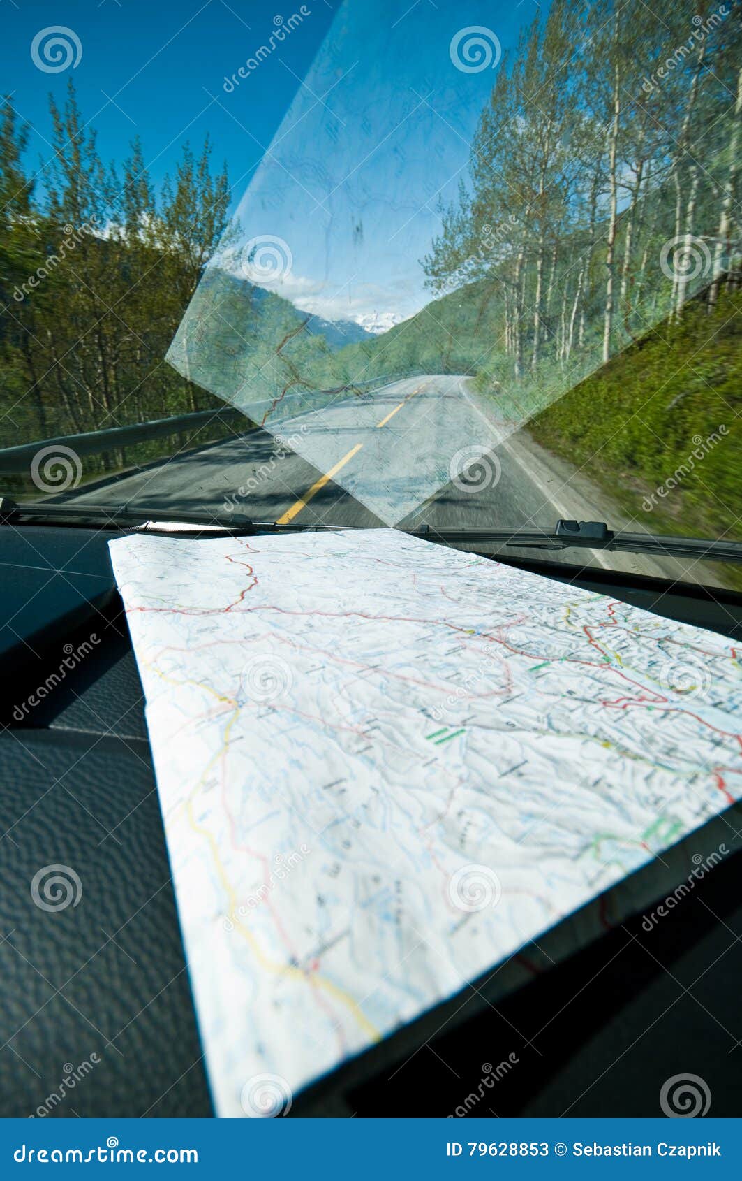 Road Trip with Map on Dashboard Stock Image - Image of reflection ...