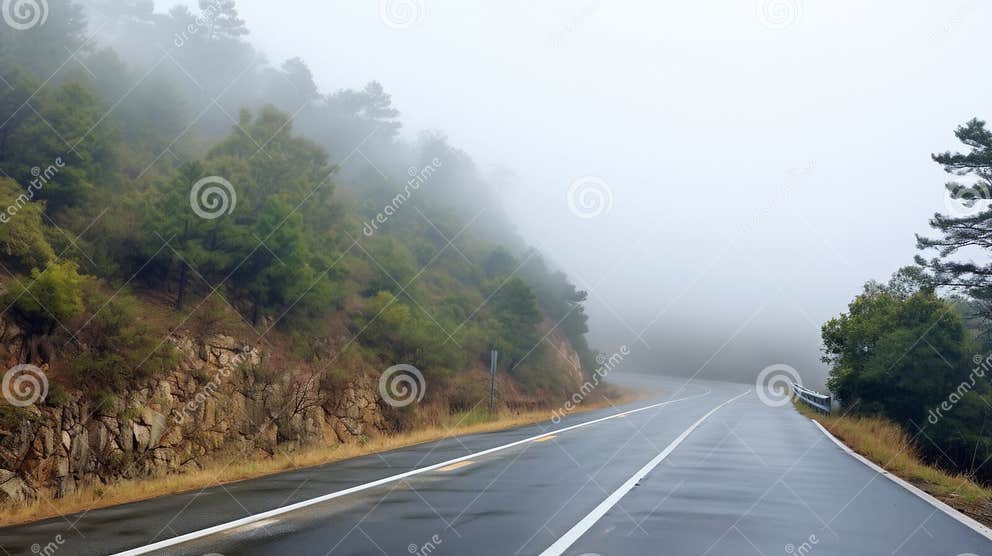 Road Vanishing in Dense Mist Stock Illustration - Illustration of ...